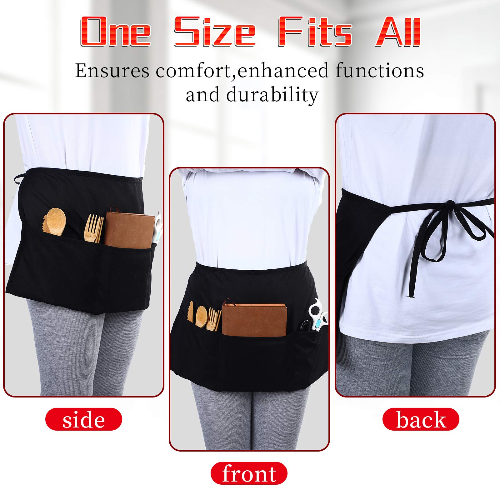 Black Waist Aprons 3 Pockets Waiter Waitress Server Short Aprons Water Oil Resistant Waist Aprons for Women Men (18 Pieces)