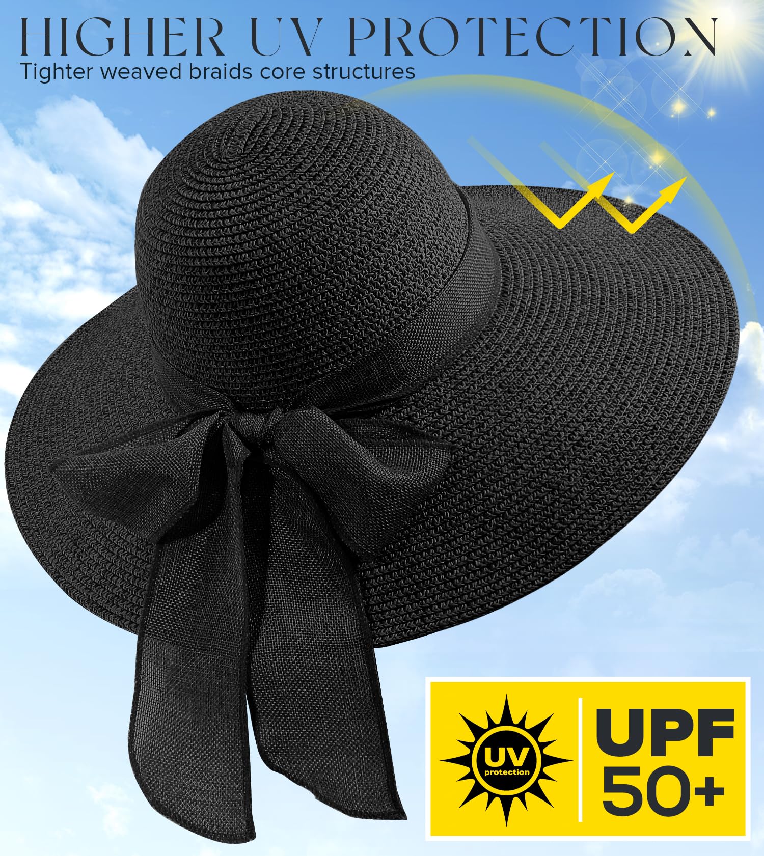 Beach Hats for Women, Straw Sun Hat with Wide Brim, Summer Floppy Beach Hats for Women, Packable Floppy Straw Garden Hat Black
