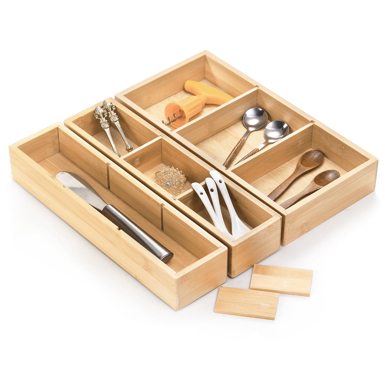 Kingrol Bamboo Drawer Organizers with Adjustable Dividers, Set of 3 Multi-Use Storage Containers for Office Kitchen Bedroom Bathroom, Individual Storage Boxes for Utensil Cutlery Makeup Junk