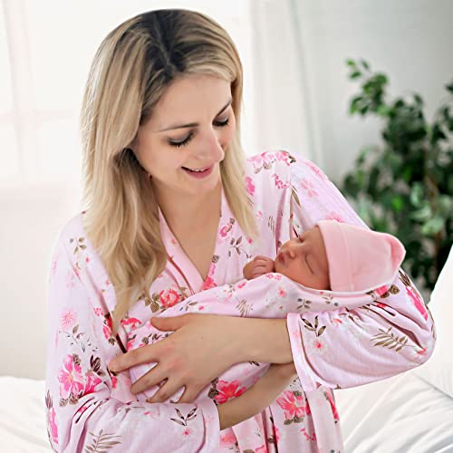 Mepase 5 Pcs Mommy and Me Robe Swaddle Headband Cap Set Including Maternity Robe Baby Swaddle Blanket Headband Hat for Mom and Baby (X-Large)
