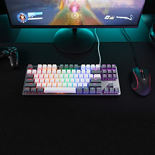 AULA F3287 Wired TKL Rainbow Mechanical Gaming Keyboard, 80% Compact Tenkeyless 87 Keys Layout w/Tactile Brown Switches, White & Grey Mixed-Color Keycaps, Programmable Macro Keys