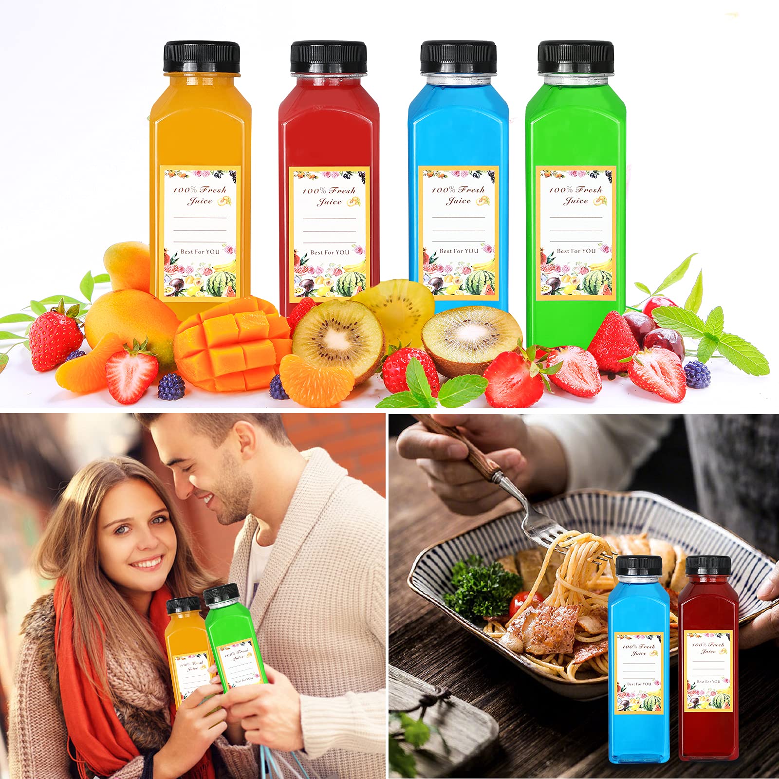 DANALLAN 24Pcs12oz Empty Juice Bottles with Caps, Premium Reusable Plastic Bottles Juice Container Transparent Black Leak-proof Lids for Drink Juice Smoothie Milk Beverages Water