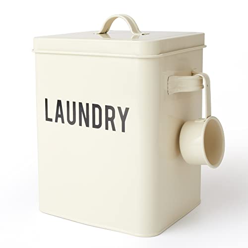 LA JOLIE MUSE Laundry Detergent Powder Storage Tin Box, Farmhouse Laundry Room Decor, 9 Inch High, Cream