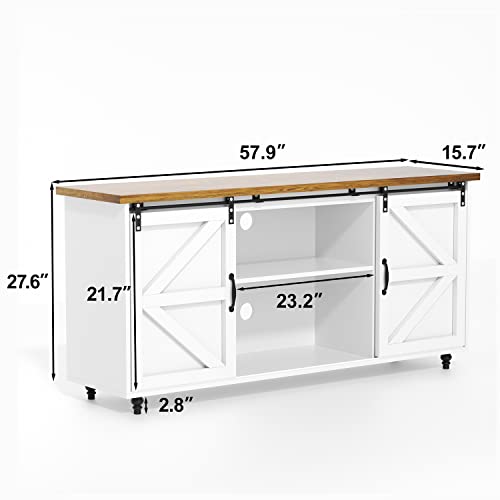 Farmhouse Coffee Bar Cabinet with Storage, 58ββ Kitchen Sideboard Buffet Storage Cabinet with Sliding Barn Door, White Cabinet with Adjustable Shelves, Buffet Table for Living Dining Room