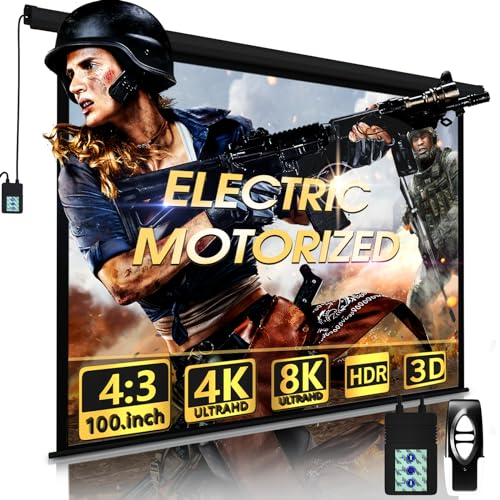 Aoxun Motorized Projector Screen Pull Down with Remote Control 100 inch Electric 16:9 Projection Screen,Video Projection Screens-White