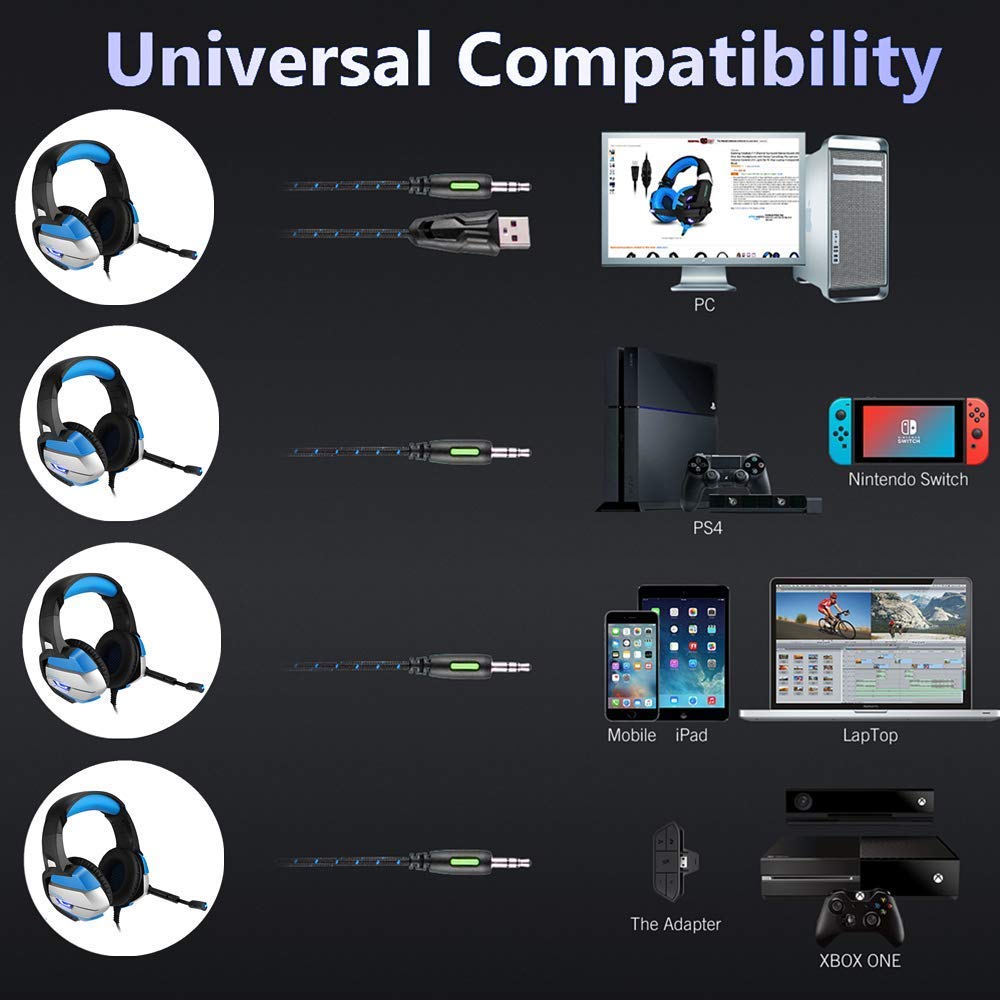 Gaming Headset for PS4 New Xbox one PC Mac Laptop,Onikuma K5 Professional 3.5mm Over Ear Headphones, Stereo USB Headset with LED Light, Noise canceling Mic & Soft Earmuffs for Games by Runying - Blue