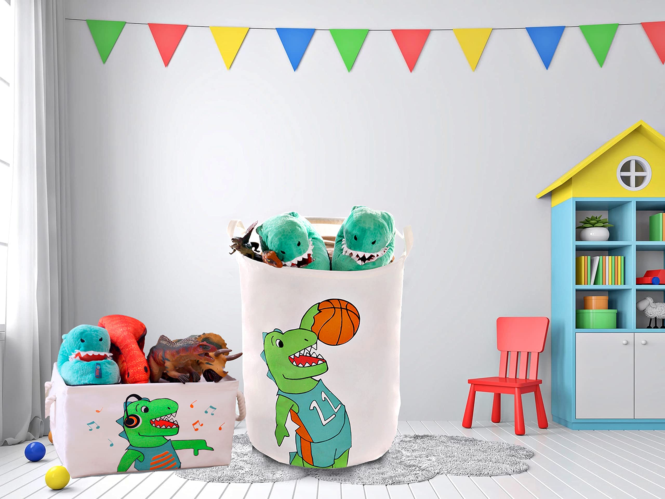 KAZULO Dinosaur Baskets Set, Kids hampers, Dinosaur laundry Basket, Dinosaur clothes Hamper with Handles, Dino Decor, Dinosaur Stuf, Book Storage Bins for kids (Dino Bundle)