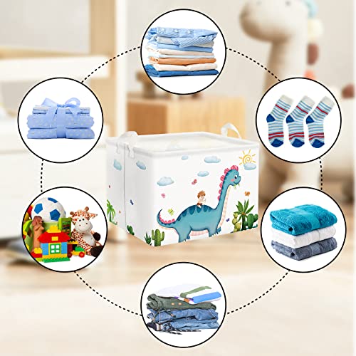 Clastyle Blue Dinosaur Baby Playing Trees Shelf Basket for Kids Room Butterflies Clouds Rectangle Book Toy Clothes Cube Storage Basket, 36L