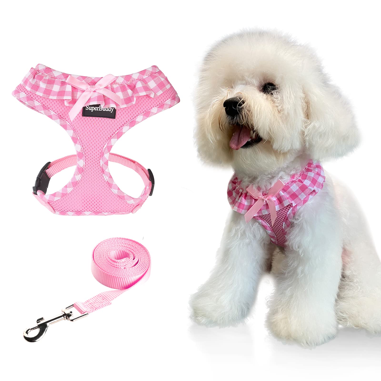 SuperBuddy Upgraded Soft Mesh Dog Harness, Super Breathable Lightweight Pet Harnesses for Puppy Dogs Outdoor Walking, Pink Dog Harness and Dog Leash Set Packing -Medium