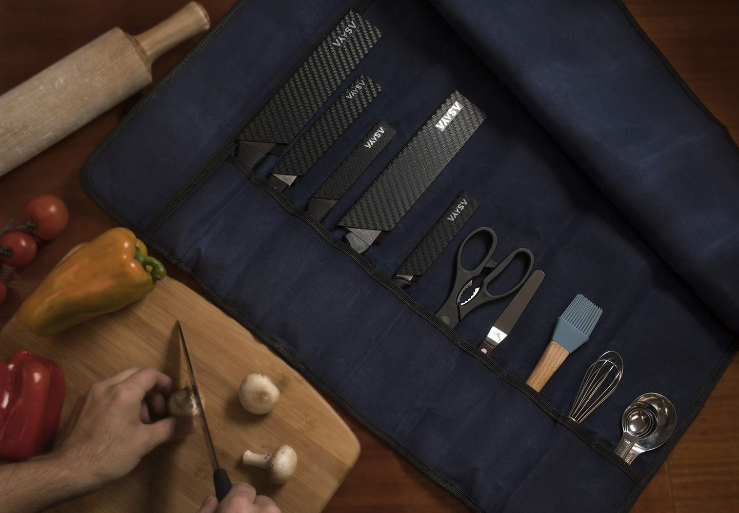Asaya Canvas Chef Knife Roll Bag - 10 Knife Slots and a Large Zipper Pocket - Durable 10oz Canvas Knife Case with an Adjustable Shoulder Strap - Knives not Included