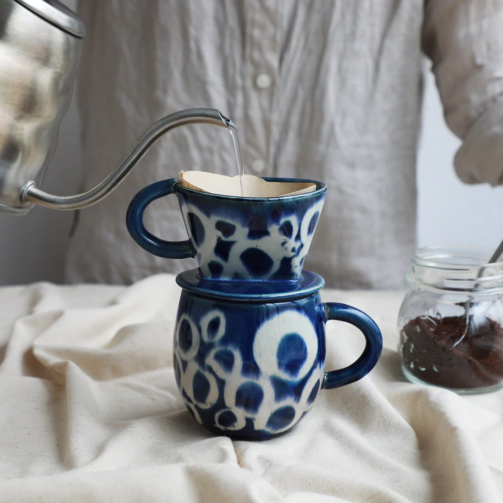 Asayu Japan Ceramic Coffee Pour Over Maker Set in Ocean Blue Color, Slow Brewing Paper Filter Holder and Dripper with 3 Holes for Coffee and Tea - Coffee Dripper Cone