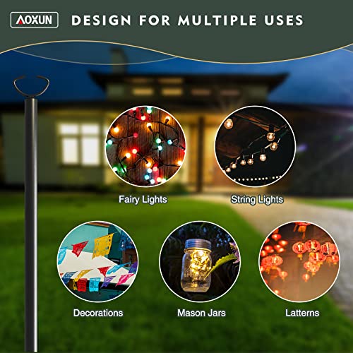 Aoxun Outdoor String Light Poles, 8 FT Metal Poles with Hooks-2 Pack, Hang Up Lights LED Solar Bulbs, Heavy Duty Patio Stand & Hanger for Outside, Deck, Garden, Bistro, Wedding