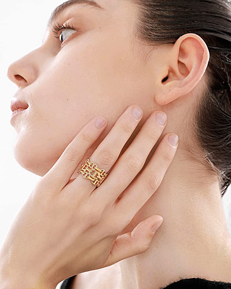 Aobei Pearl 18K Gold 3-Row Chunky Band Ring Mariner Anchor Chain Ring for Women Statement Pig Nose Link Open Rings Adjustable Thumb Knuckle Finger Jewelry for Her