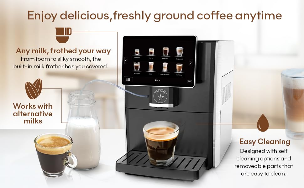 Cafe Bueno Super Automatic Espresso Machine - 19 Coffee Recipes, Durable, Grinder, Milk Frother, 7" Touchscreen