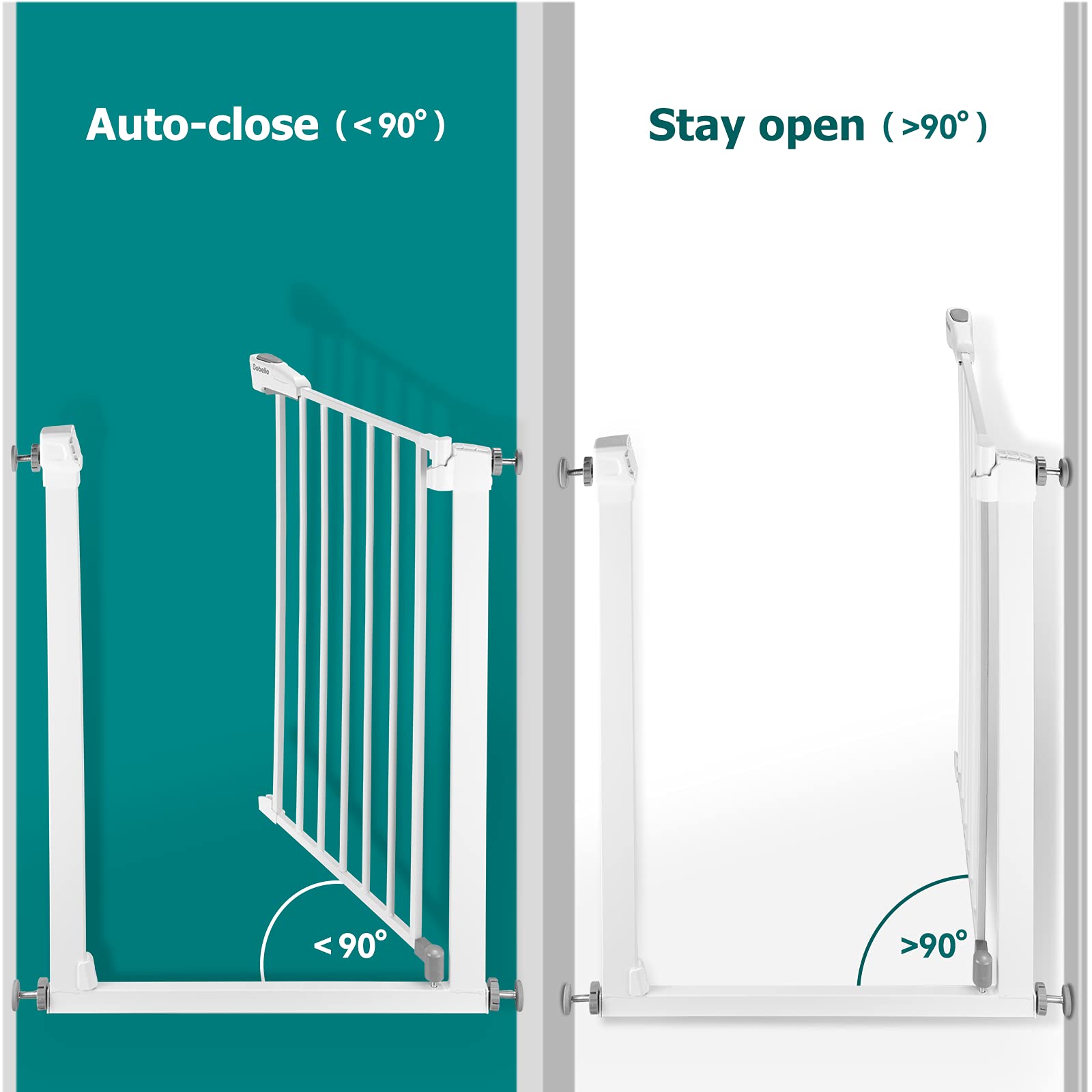 BABELIO 26-34.5 Inch Easy Install Narrow Pressure Mounted Metal Baby Gate, No Drilling, No Tools Required, with Wall Protectors and Extenders (White)