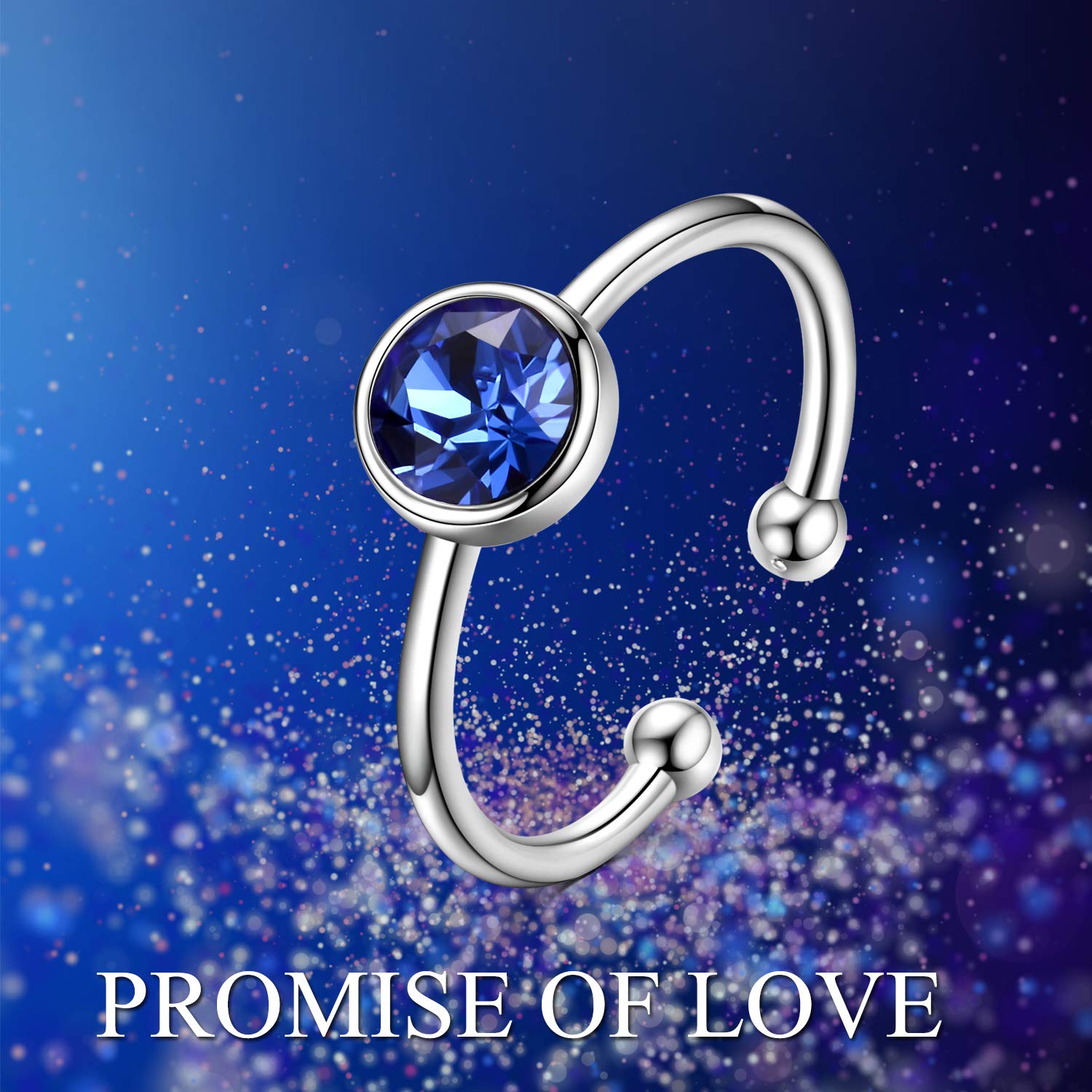 AOBOCO 925 Sterling Silver Created Sapphire Ring September Birthstone Adjustable Stackable Wrap Open Ring for Women, Crystals from Austria