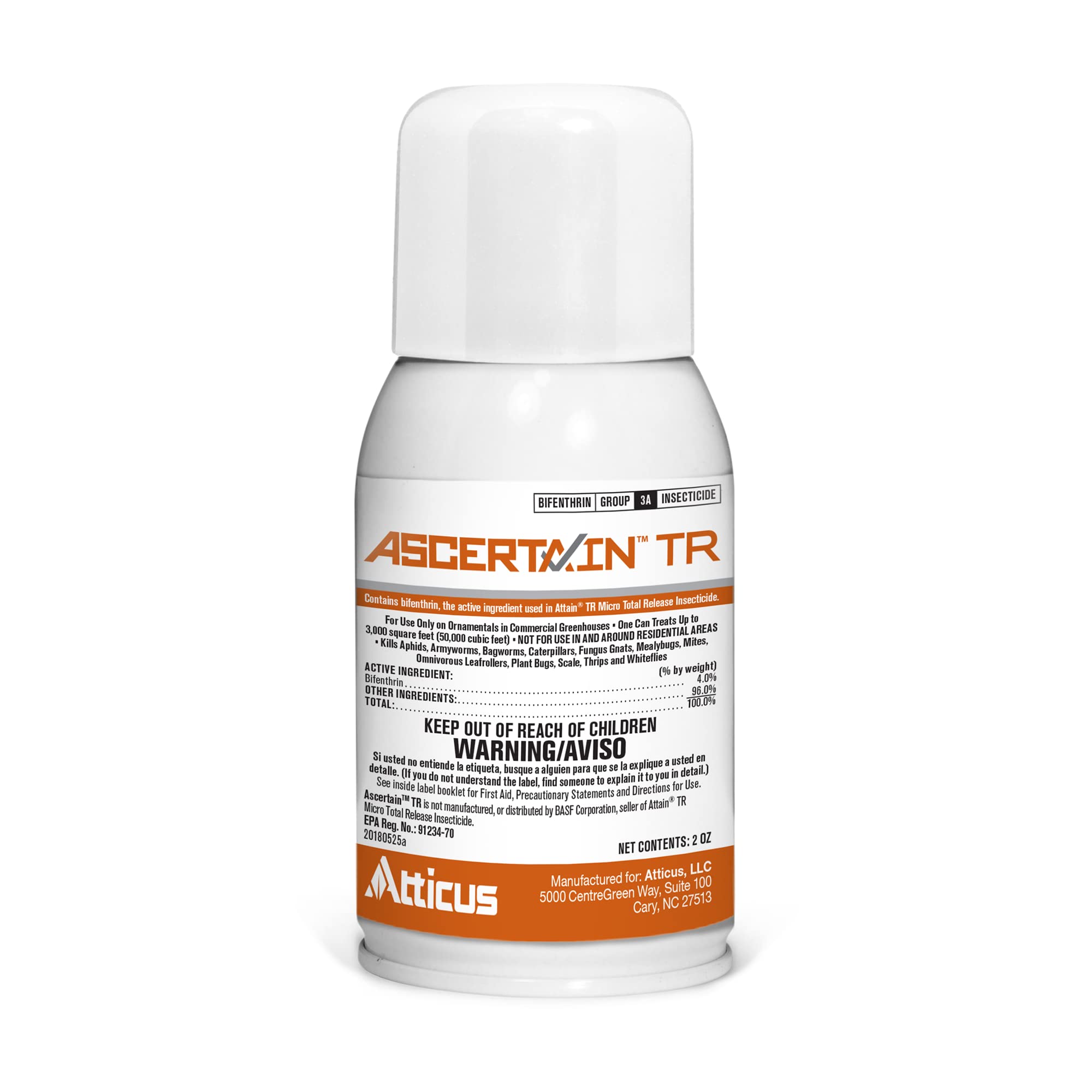 Ascertain TR Greenhouse Fogger (2oz Can) by Atticus (Compare to Attain) - Total Release Bifenthrin Insecticide/Miticide - Controls Mites, Aphids, Thrips, Fungus Gnats, Whiteflies, and Caterpillars (Packaging May Vary)