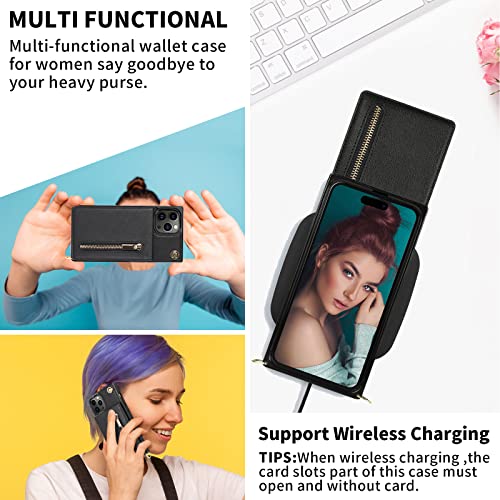 HOGGU Crossbody iPhone 14 Pro Max Case Wallet with Card Holder, Flip Leather iPhone 14 Pro Max Crossbody Case with Strap, Kickstand, Zipper Purse, Protective Square Phone Case for Women Girls-Black