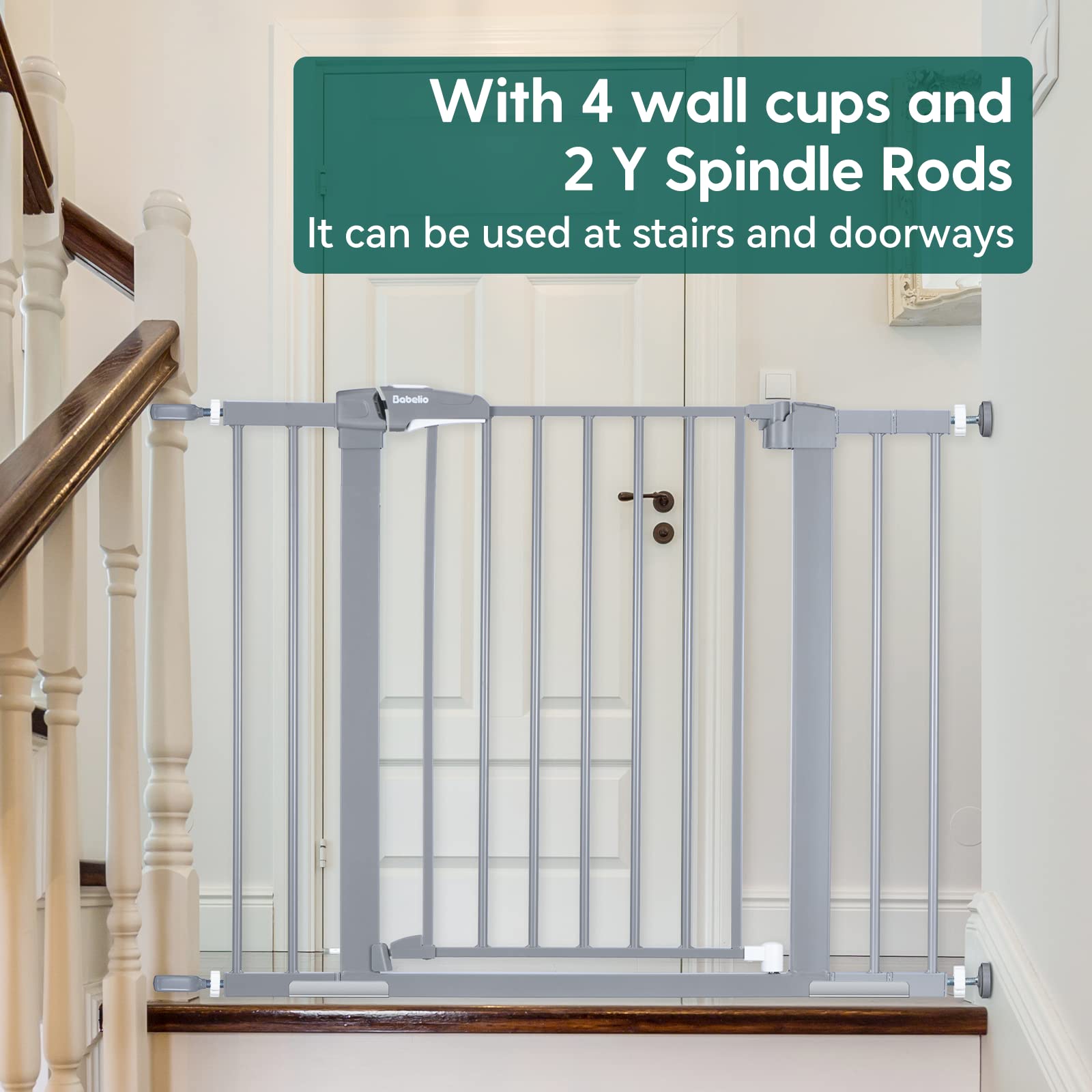 BABELIO 26-45.5 Inch Easy Install Extra Wide Pressure Mounted Metal Baby Gate, No Drilling, No Tools Required, Pet Gate with Wall Protectors and Extenders (Gray)