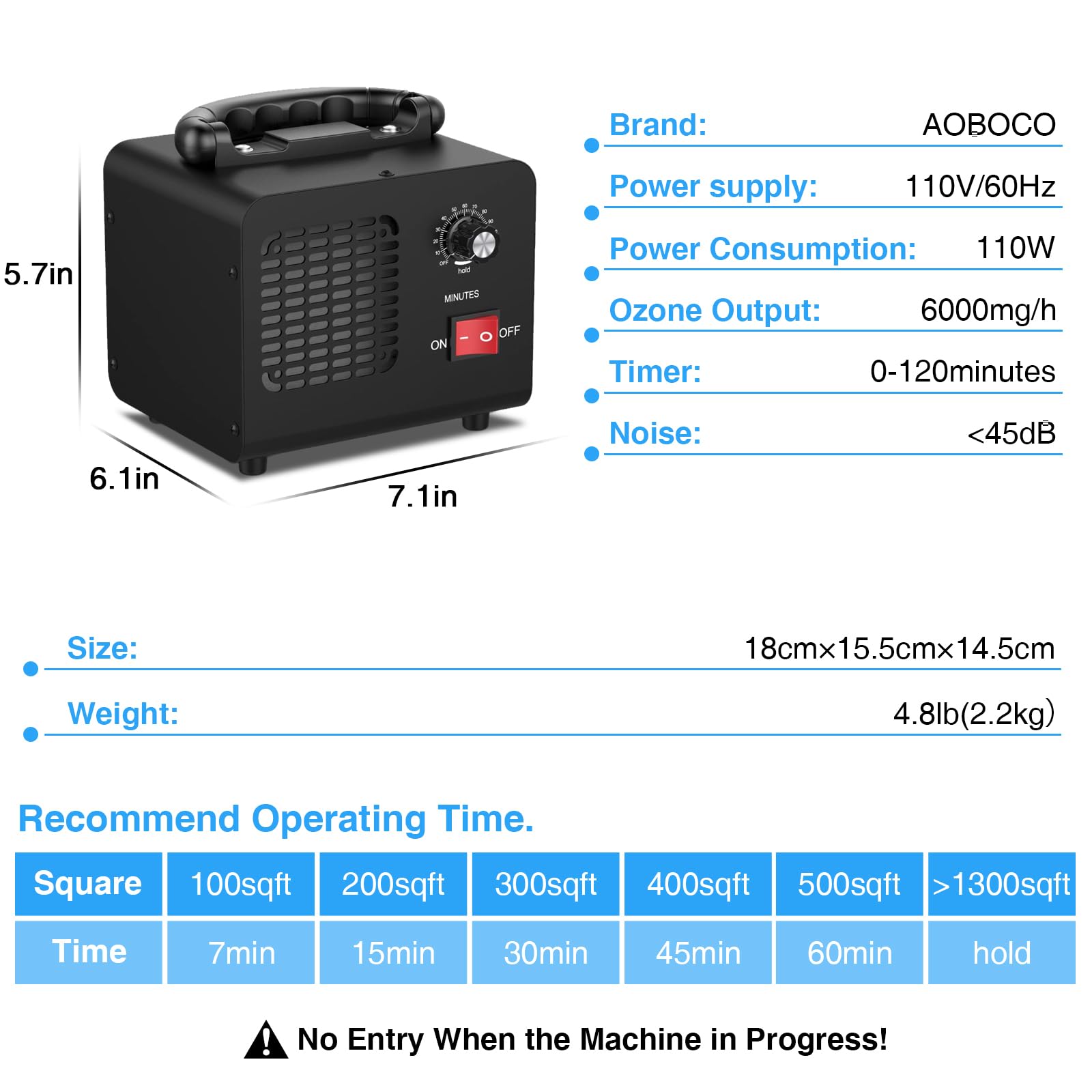 AOBOCO 6000mg/h Ozone Machine for Home,120min Time Setting, Auto Shut Off Ozone Machine for Car, Room, House, Smoke, and Pet(1000 Sq Ft)