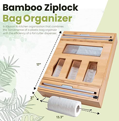 Jema Pearl Ziplock Bag Organizer Aluminum Foil and Plastic Wrap Dispenser with Cutter, 6 In 1 Baggie Organizer for Drawer Bundle with Paper Towel Holder