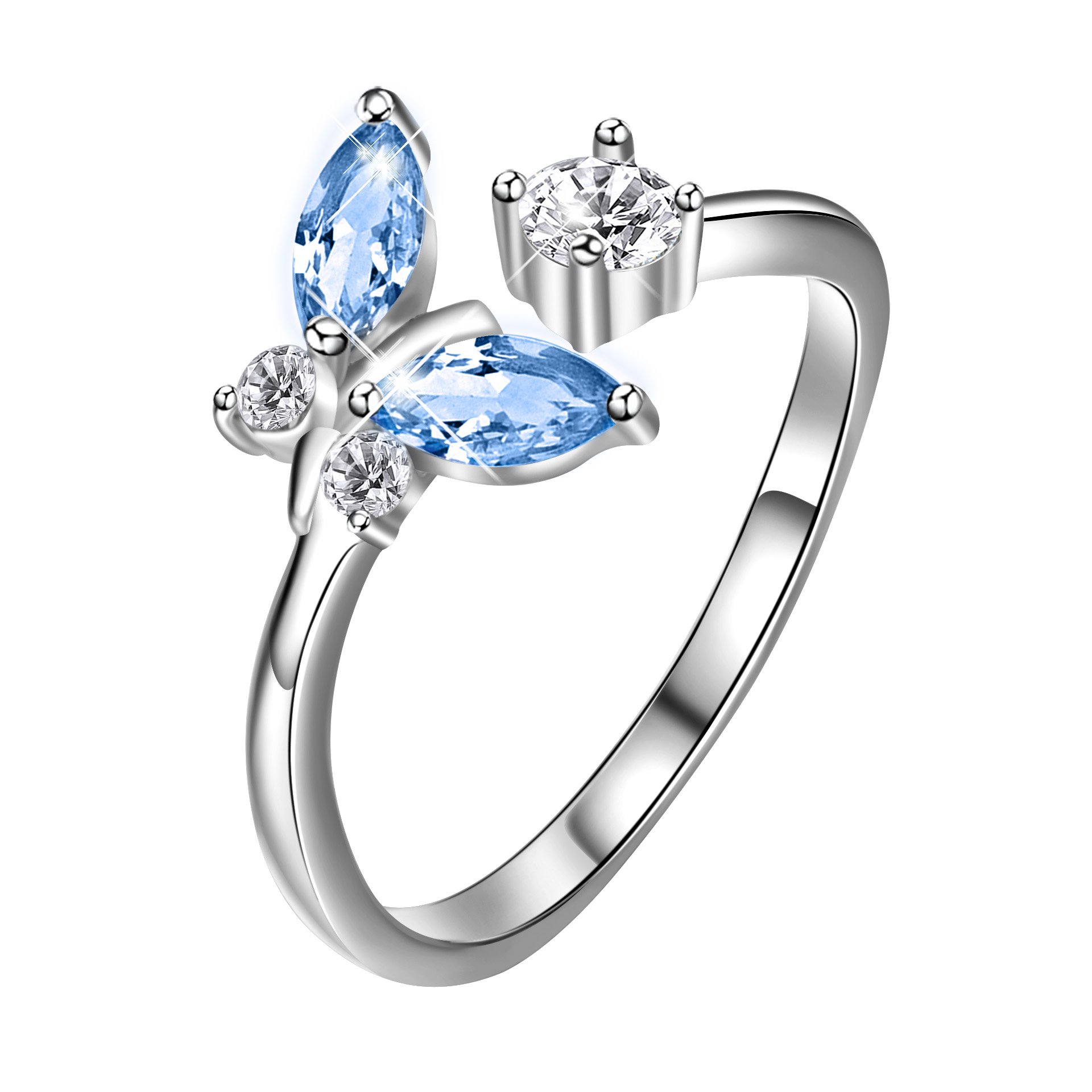 AOBOCO Butterfly Ring Sterling Silver Adjustable Open Rings Blue Butterfly Series Anniversary Jewelry Gifts for Women US Size 6