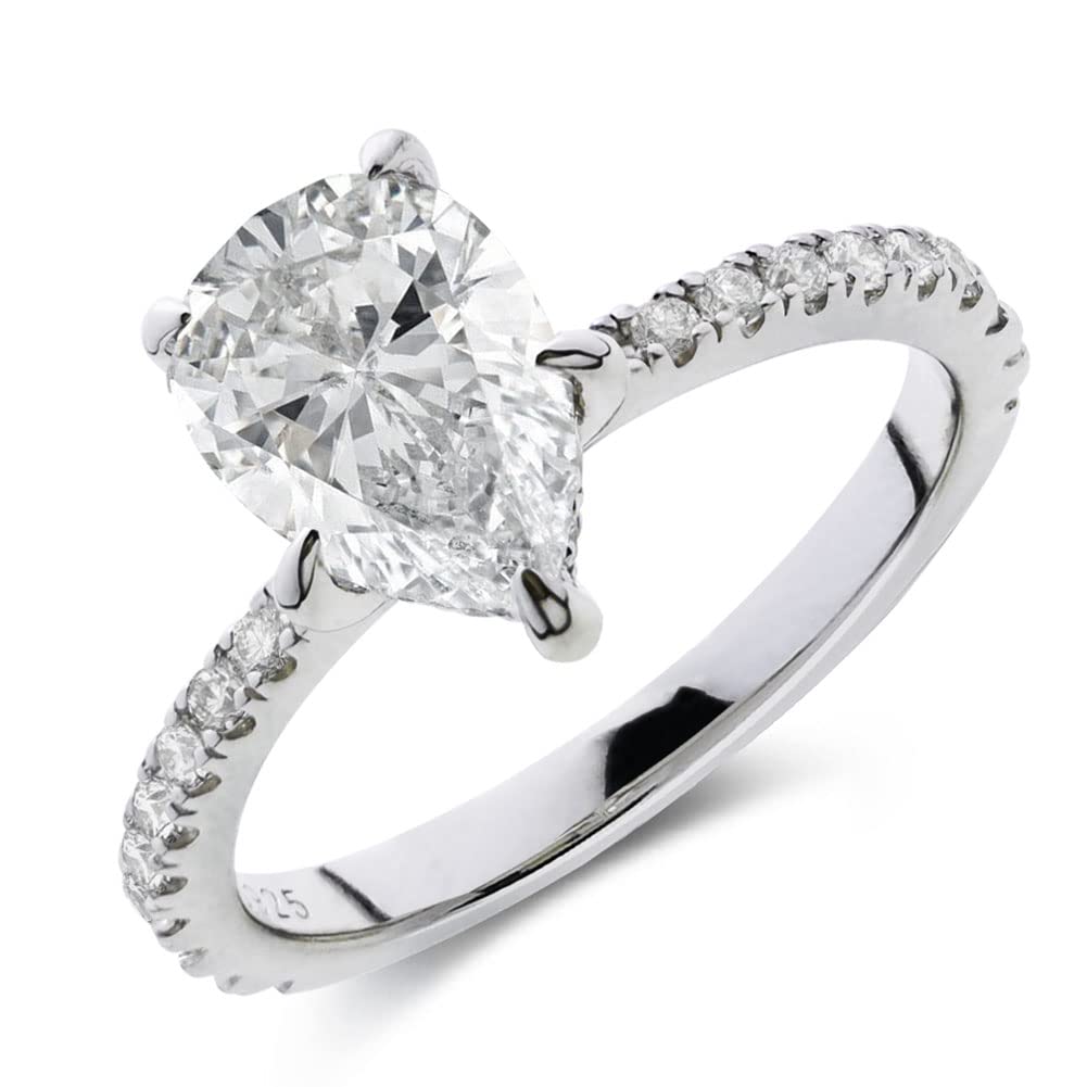 Bo.Dream 1.5ct Pear Shaped Cubic Zirconia Engagement Rings Platinum Plated Sterling Silver Size 7