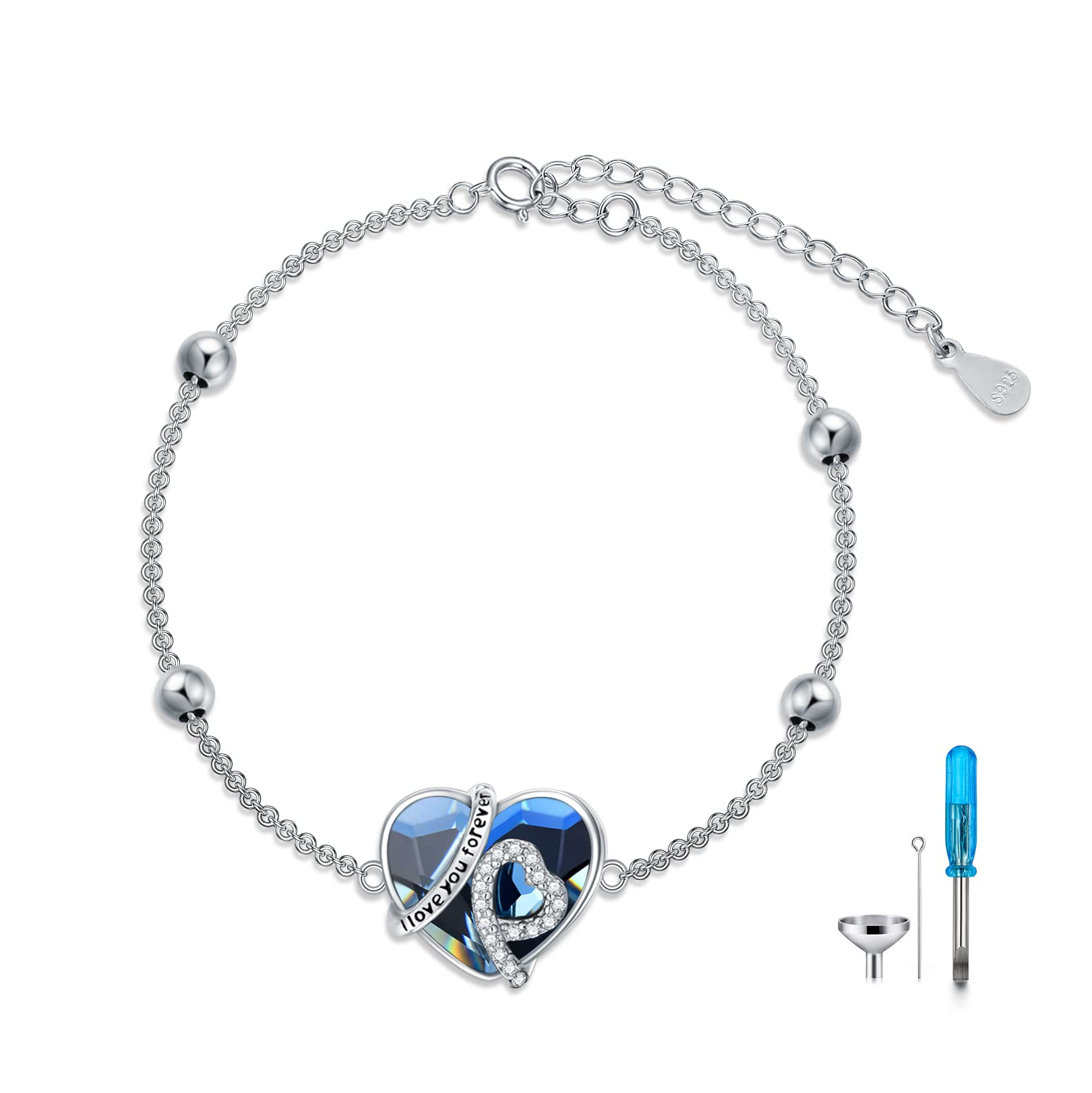 AOBOCO 925 Sterling Silver I LOVE YOU FOREVER Heart Cremation Bracelet Holds Loved One's Ashes Heart Urn Bracelet for Ashes for Women Memorial Keepsake Beangle Embellished with Crystals from Austria