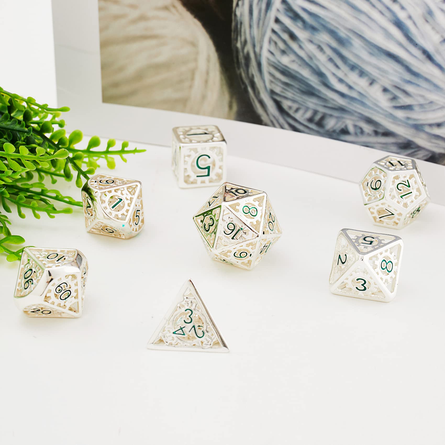Hollow Metal DND Dice Set of 7 Uniquely Designed Polyhedral D&D Dice Set with Gift Metal Box and Numbers for Dungeons & Dragons RPG Role Playing and Pathfinder Dice Games(White-2)