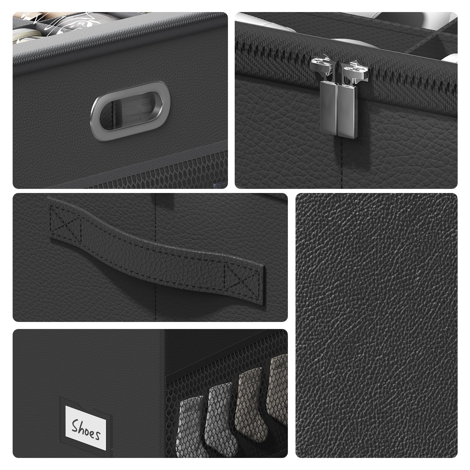 Shoe Organizer for Closet,Fits 16 Pairs,Leather Fabric Shoe Storage Bins with Clear Cover,Shoe Box Storage Containers,Adjustable Dividers for Storage with 4 Handles (Black, (19.7 * 15.7 * 13) x1)