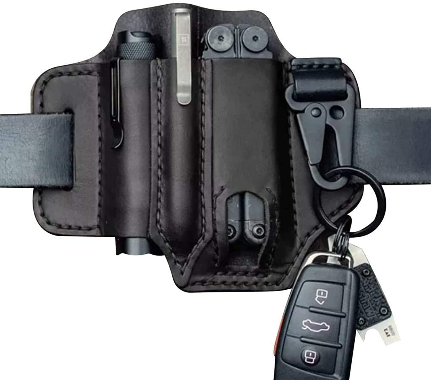 Handmade Leather Multitool Sheath, EDC Belt Pocket Organizer, Flashlight Holster, Storage Belt Waist Bag for Camping, Leatherman Sheath with Pen Holder, Key Fob (Black-Brown)