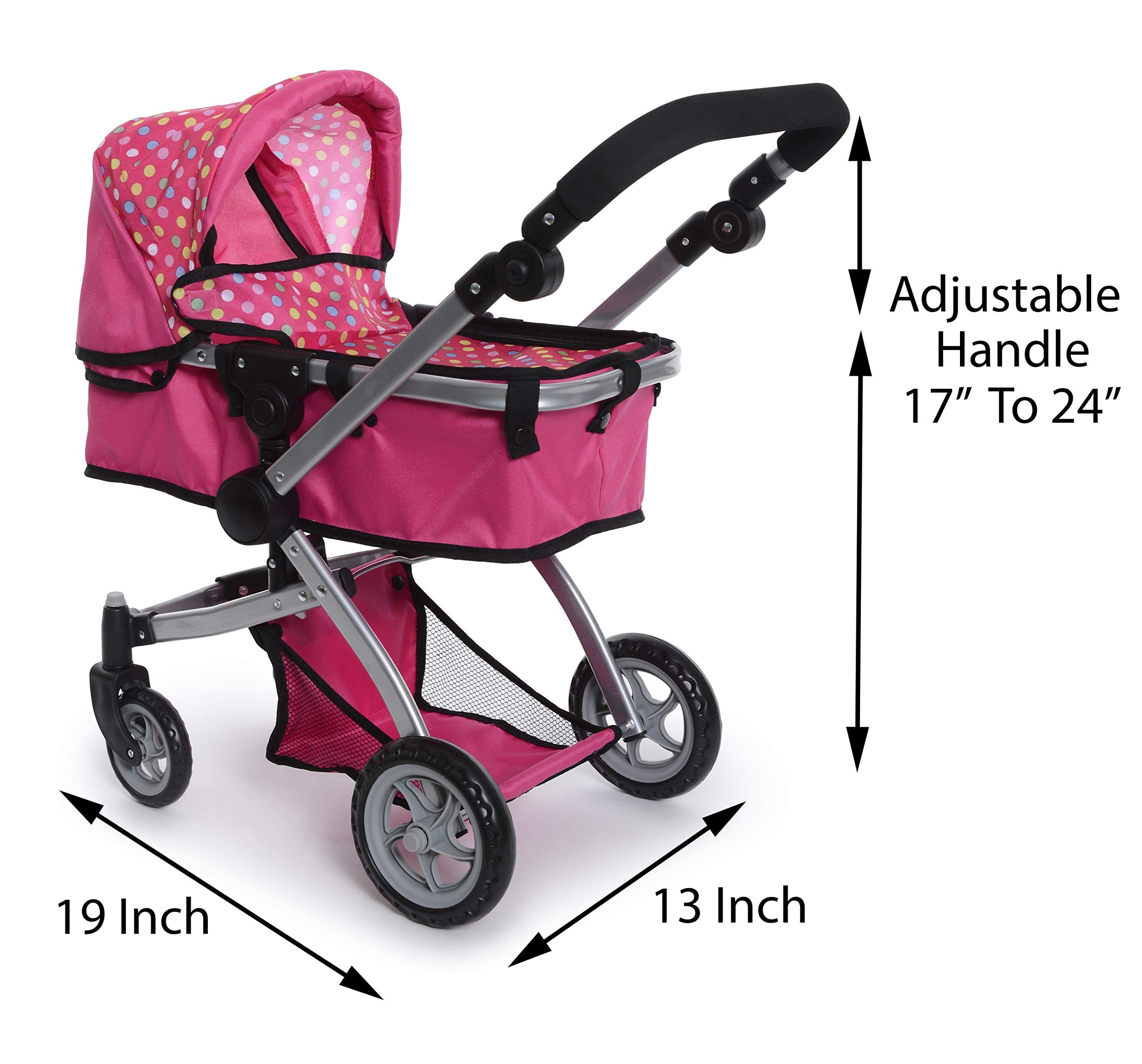 Fash N Kolor | Foldable Pram for Baby Doll with Flower Design with Swiveling Wheel Adjustable Handle Bassinet Stroller with Baby Doll, Convertible Seat, and Basket, and Free Carriage Bag