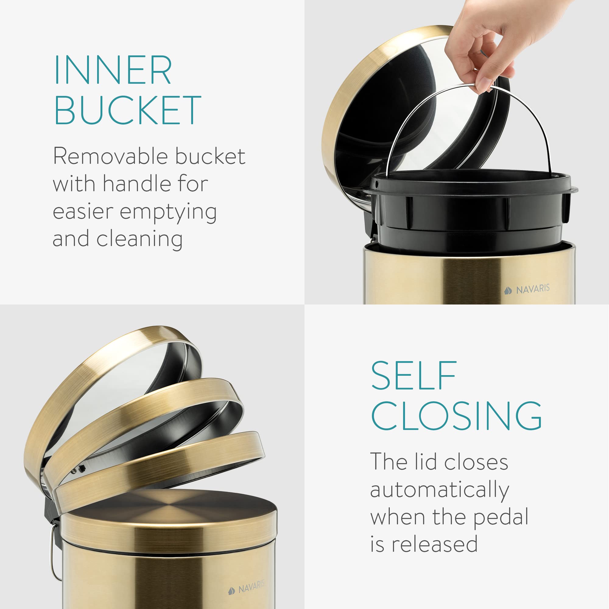 Navaris Small Gold Trash Can - 1.3 Gallon (5 Liter) Trash Can with Step Pedal, Lid and Removable Inner Bucket for Bathroom Kitchen Office or Bedroom