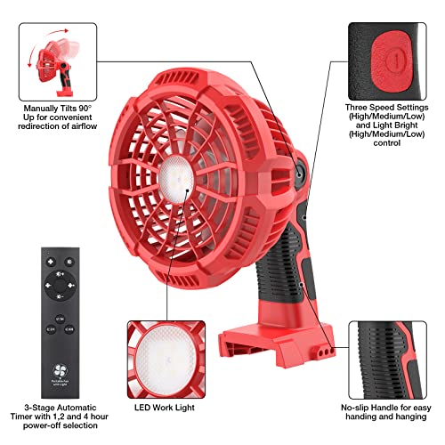 Hipoke Cordless Portable Fan Powered by Milwaukee M18 18V Lithium-ion Battery, Handheld Fan with 9W LED Light, USB Port, Rechargeable fan for Camping Tent Office Travel, Milwaukee Tools Summer Gift
