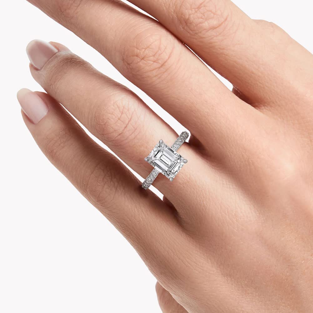 Bo.Dream 3 Carat Emerald Cut Cubic Zirconia CZ Engagement Rings For Women Platinum Plated Sterling Silver Size 6.5