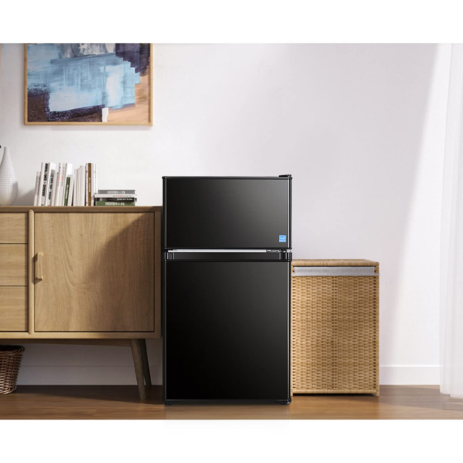 DSF Mini Fridge with Freezer, 3.2 Cu.Ft Mini Refrigerator, 2 Door, 37DB Low Noise, Engery Saving with LED Light, Low-frost Mini Fridge for Bedroom, Office, Dorm, RV, Apartment, Black- MPBFD321