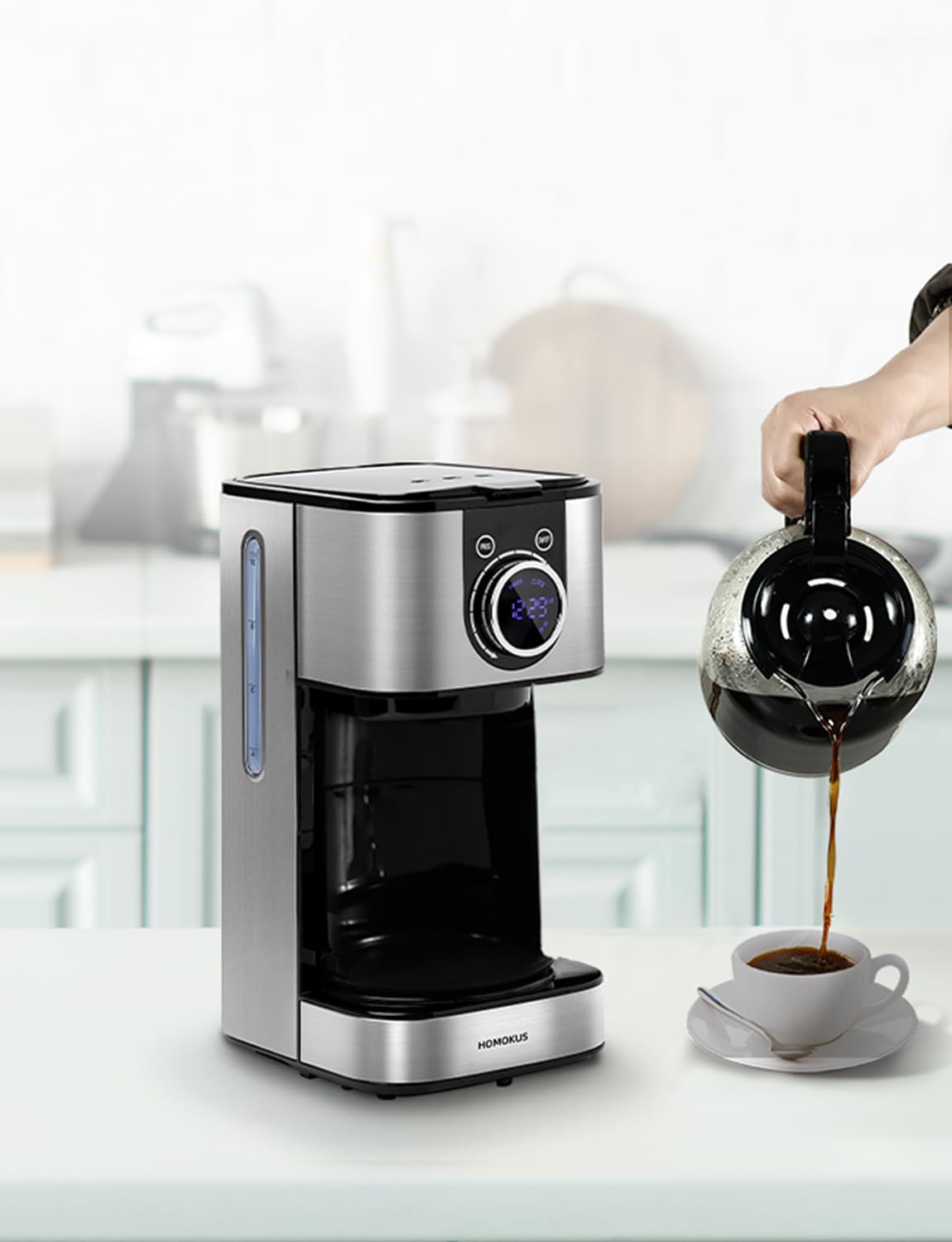 Homtone 10 Cup Programmable Coffee Maker, Drip Coffee Maker with LCD Screen, Glass Carafe, Warming Plate, Auto Shut Off, Regular & Strong Brew for Home and Office, Stainless Steel