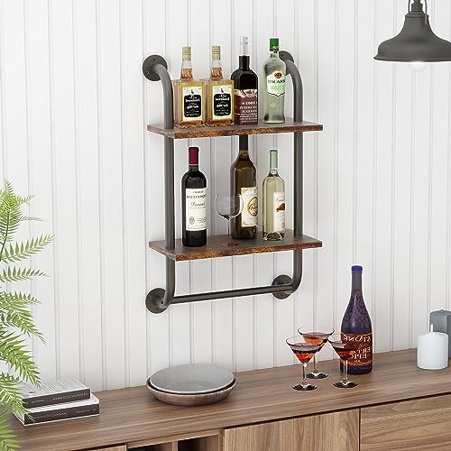 FLYJOE 2 Tier Bathroom Shelves with Towel Bar, Rustic Wall Mounted Industrial Pipe Shelving, Floating Shelves for Wall Decor & Storage for Bathroom Kitchen Living Room 23.6 x 16 Inch - Rustic Brown