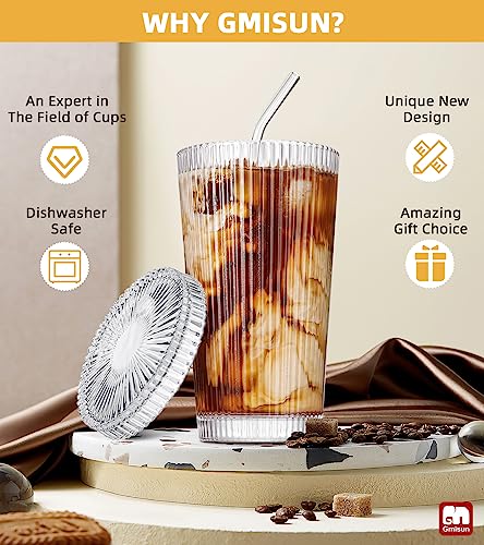 GMISUN Iced Coffee Cups with Lids, Glass Cups with Lids and Straws, Ribbed Glassware, Drinking Glasses Set of 4, Vintage Glassware Cocktail Glasses 14oz for Cocktail, Gift
