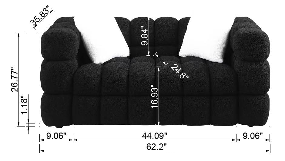 Cloud Loveseat Couch, Modern Marshmallow Boucle Fabric Couches with Plastic Legs Upholstered Tufted Loveseat Sofa with 2 Pillows for Living Room, Bedroom, Office(Black