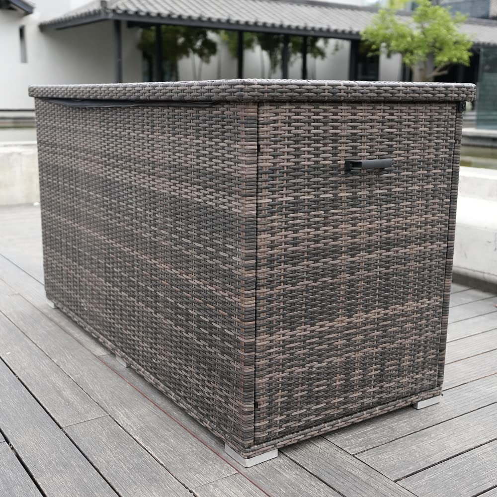 Direct Wicker Large Deck Box 296 Gallon Waterproof Outdoor Storage Box,Cushion Storage Wicker Box Brown,(Aluminum frame) 66.93"