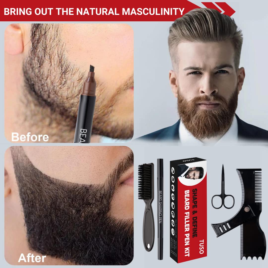 Beard Pencil Filler For Men - Beard Filler Pen Kit 2 Nibs Beard Kit With Beard Pen, Mustache Comb, Beard Scissors and Beard Brush - Beard Care At Home, Natural Look for Beard, Beard care kit for men.