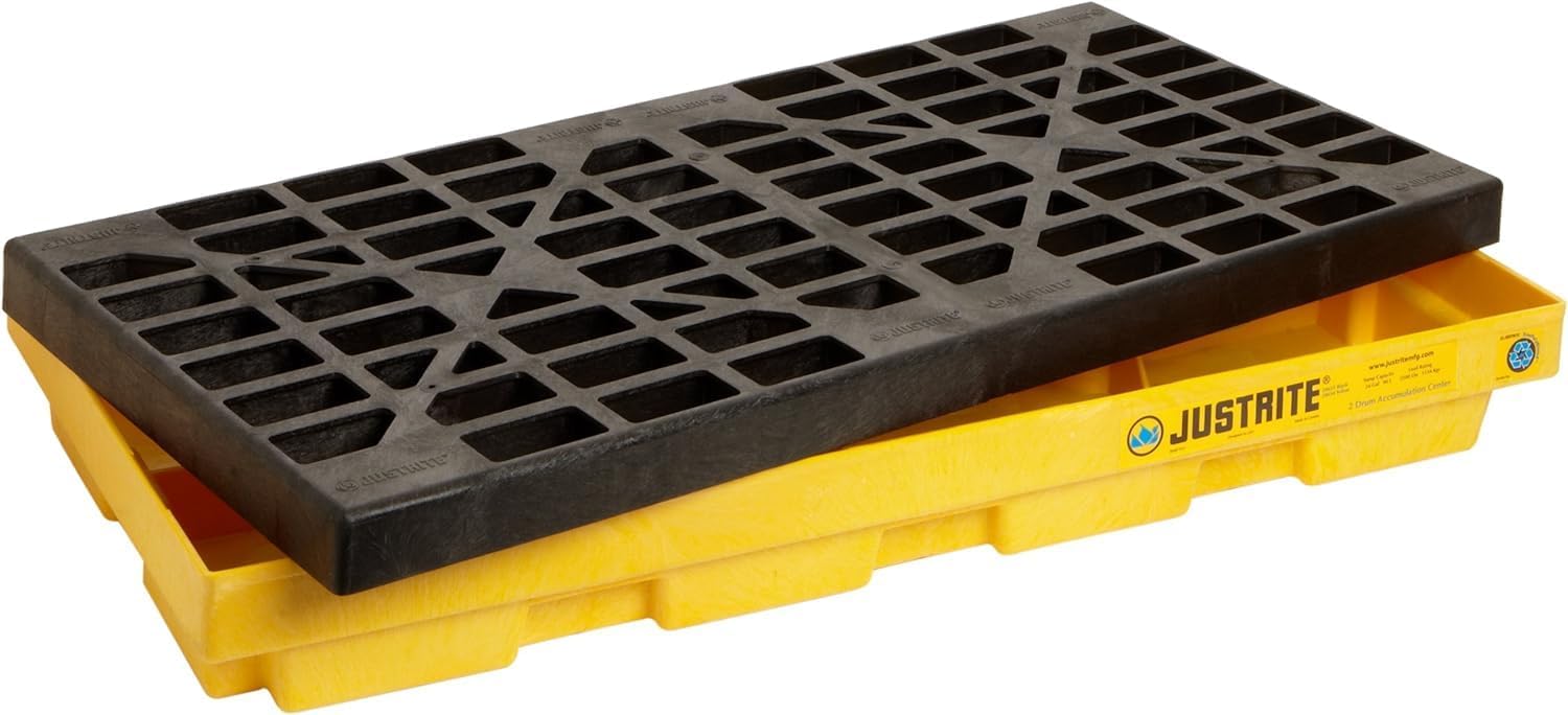 Justrite 2 Drum Low Profile Accumulation Center, 49" x 25" x 5.5", 24 Gallon Capacity Sump, Recycled Poly Spill Platform, Made in The USA, Yellow, 28654