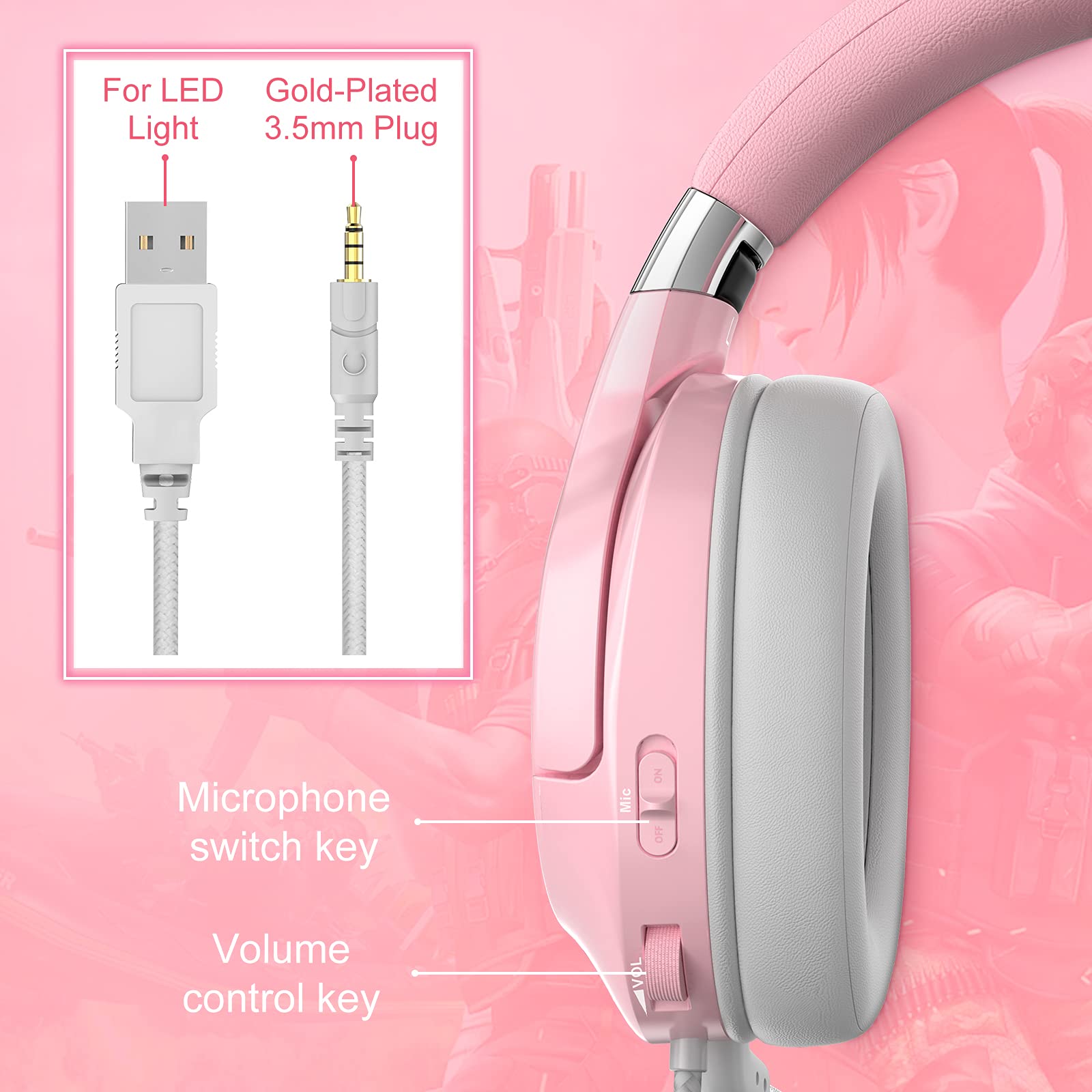 HOLULU Foldable Pink Gaming Headset Compatible with PS5 PS4 PC Mobile Phone Tablet Xbox One(Adapter Not Included), with Detachable Noise Canceling Mic, 3.5mm & USB C Plug, for Adults & Kids