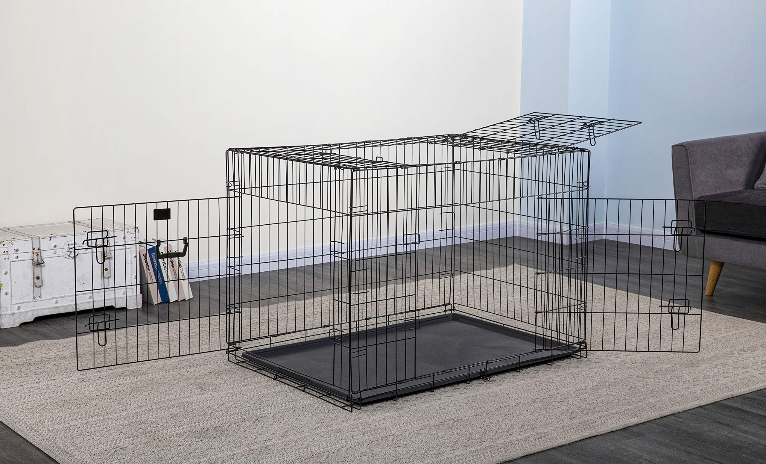 Go Pet Club 36-Inch Three Door Folding Metal Wired Cage Crate Dog Kennels Outdoor and Indoor Pet with Divider Panel, Removable Tray and Handle, Black