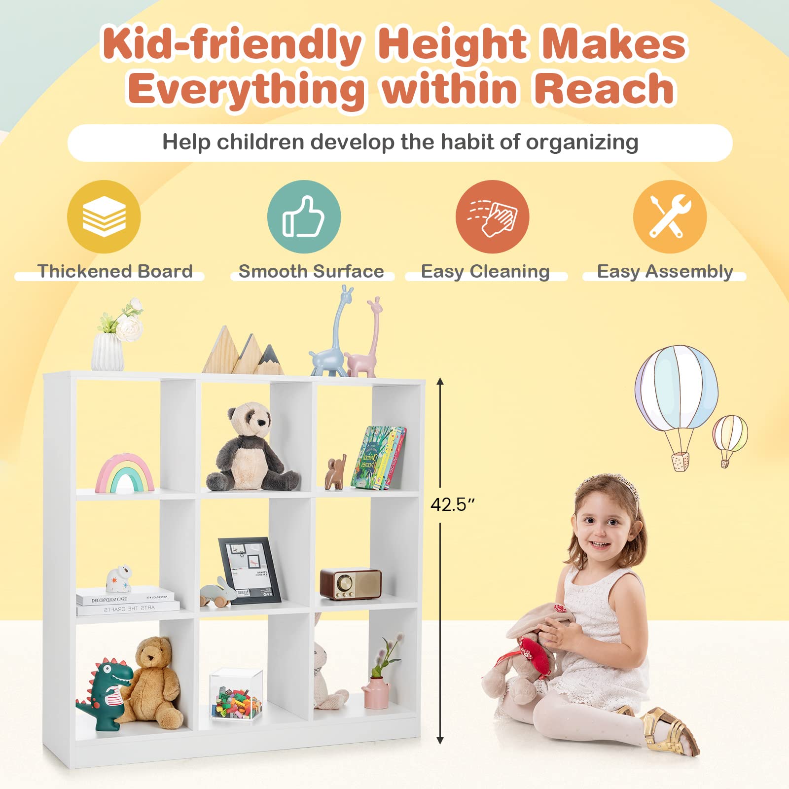 HONEY JOY Kids Toy Storage Organizer, 9-Section Storage Daycare Shelf for Preschool, Children 3-Tier Open Wooden Display Book Shelf Organizer for Classroom, Playroom & Nursery, Kindergarten(White)