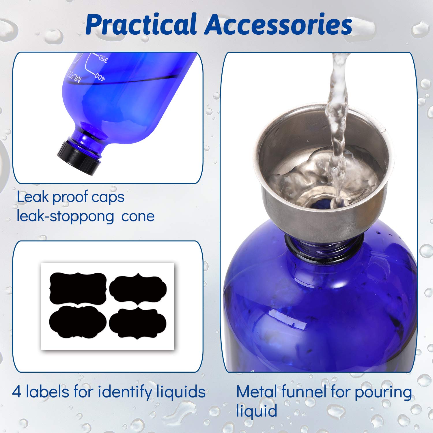 AOZITA 16oz Cobalt Blue Glass Spray Bottles with Measurements - Empty Reusable Refillable Container with Funnel and Labels for Mixing Essential Oils, Homemade Cleaning Products(2 Pack)