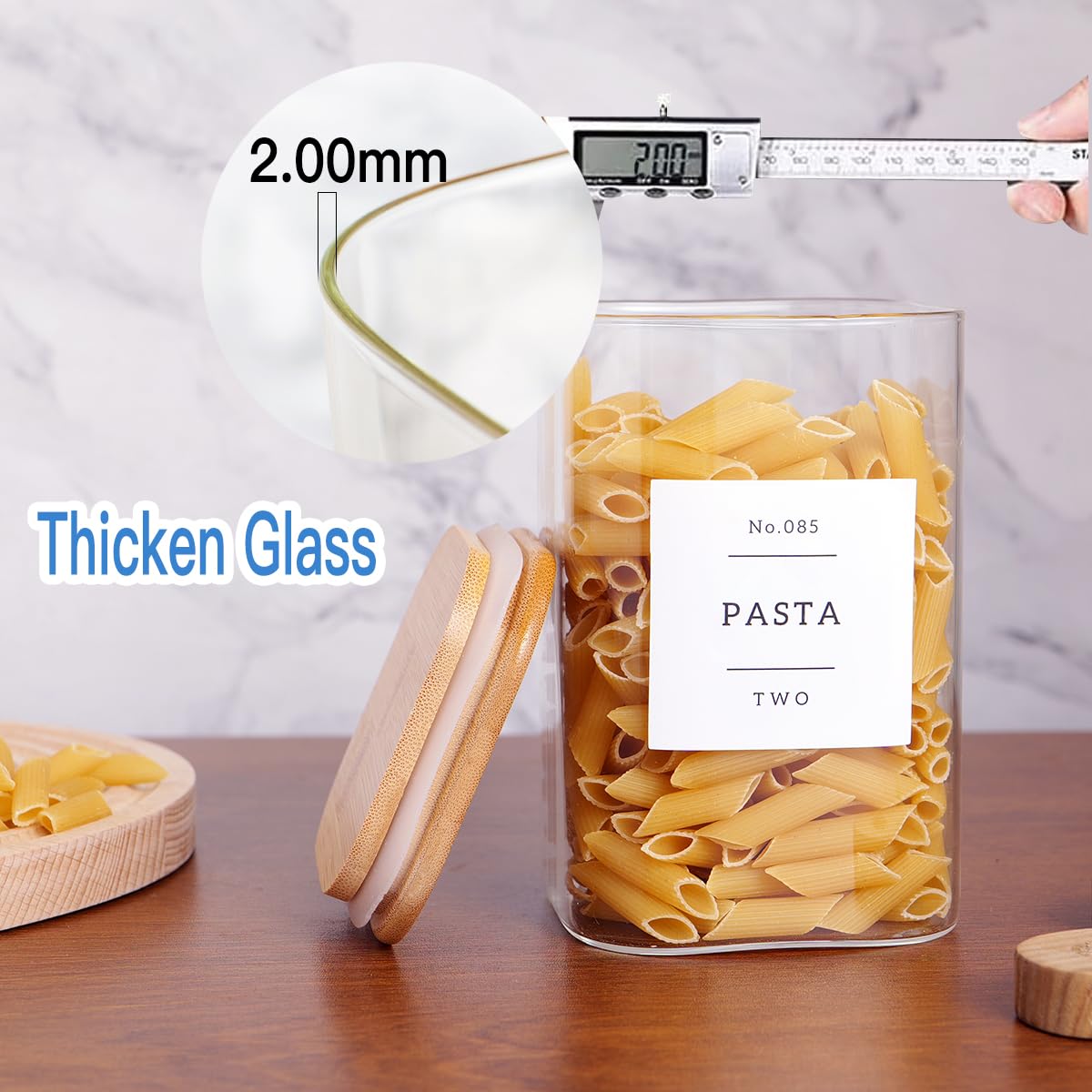 CZZGSM 6 Pack Square Glass Kitchen Storage Jars with Airtight Bamboo Lids and 132 Pantry Labels - 35oz Glass Canisters With Wood Lids - Glass Food Storage Containers for Coffee, Cookie, Tea, Spice