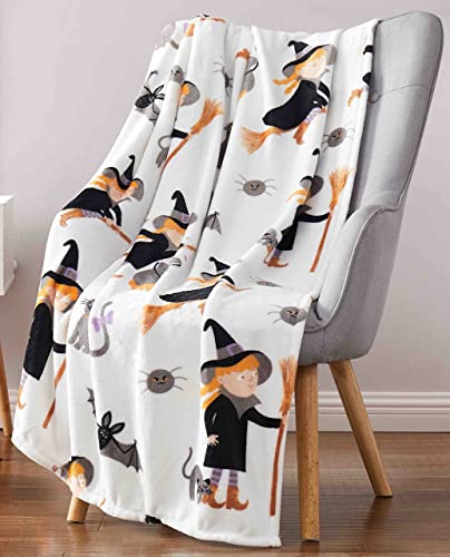 Halloween Throw Blanket: Cute Girl Witch with Faithful Cat Surrounded by Spiders and Bats Print on Fuzzy Soft Velvet Fleece Throw Blanket