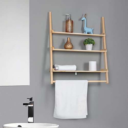 Homaterial 3-Tier Bathroom Towel Rack Shef Wall Mounted Wood Mount Shelf with Towel Bar Leaning Blanket Ladders Bathroom Storage Display Rack Shelf Holder, Natural